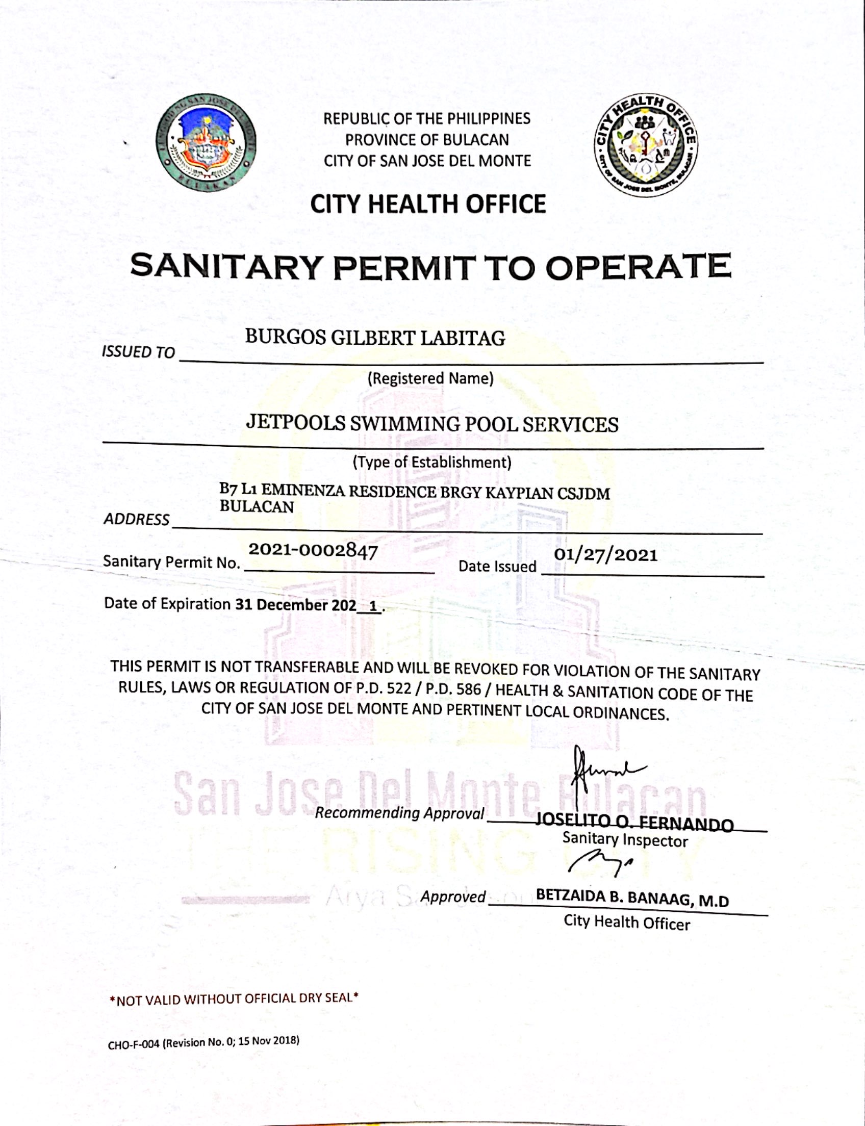 Jet Pools 2021 Sanitary Permit To Operate Jetpool Specialist 2024